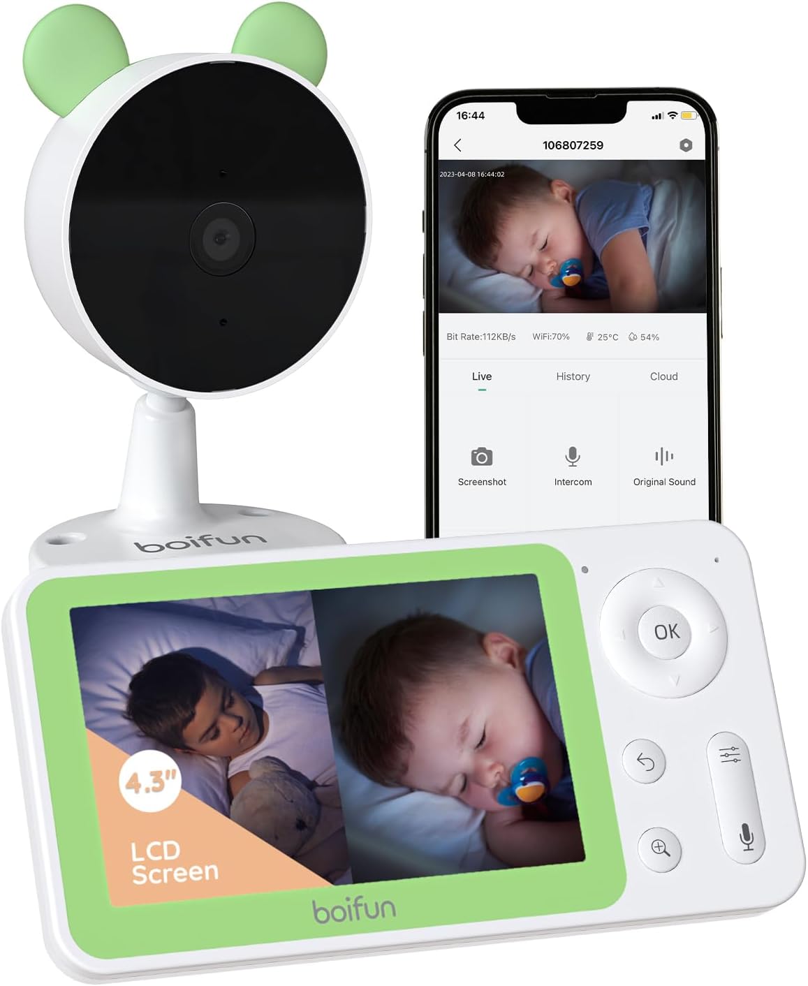 BOIFUN Monitor de vídeo para bebês com câmera 1080P, controle de aplic ...