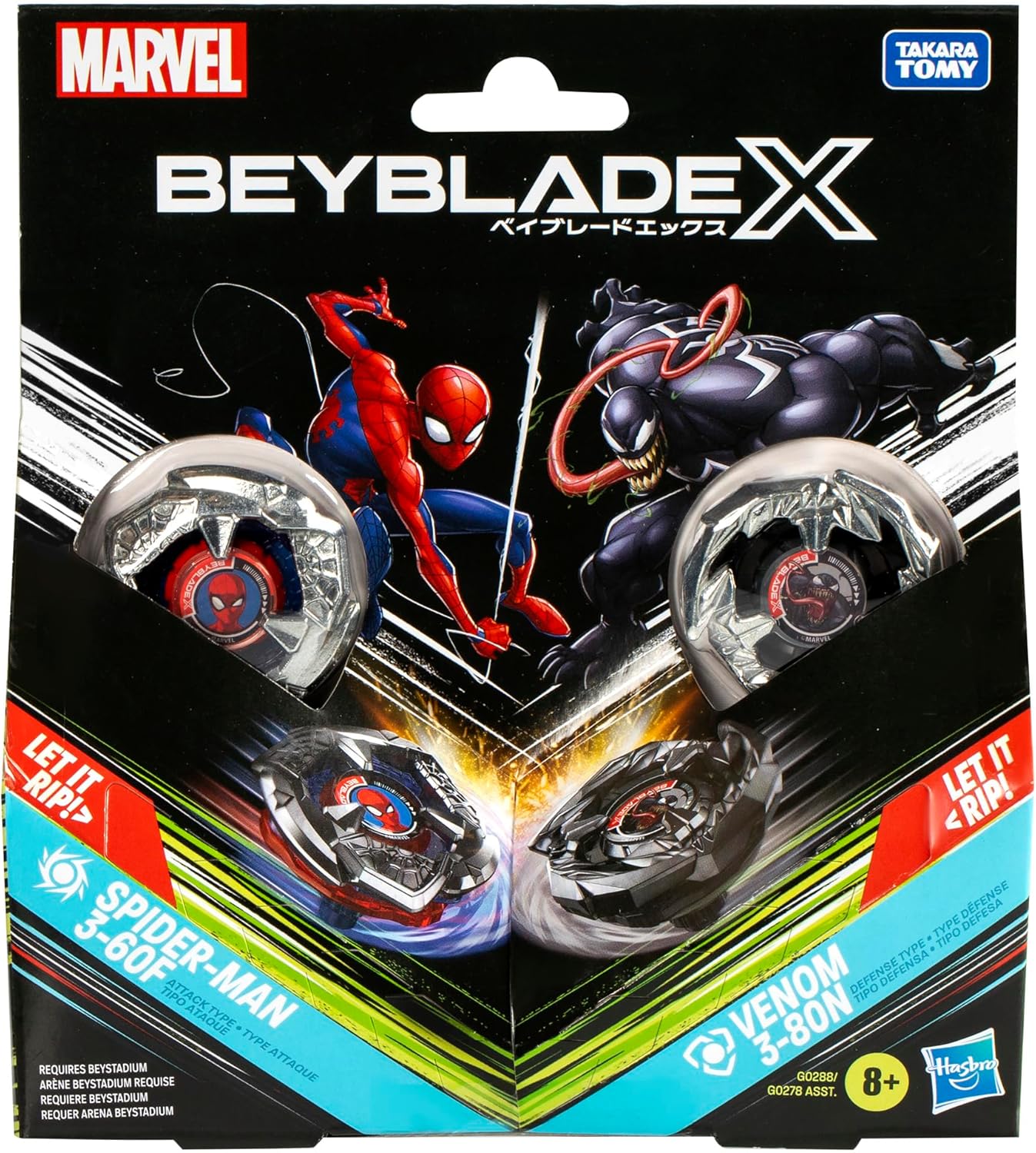 Beyblade X Marvel Collab Spider-Man 3-60F vs. Venom 3-80N Conjunto Mul ...